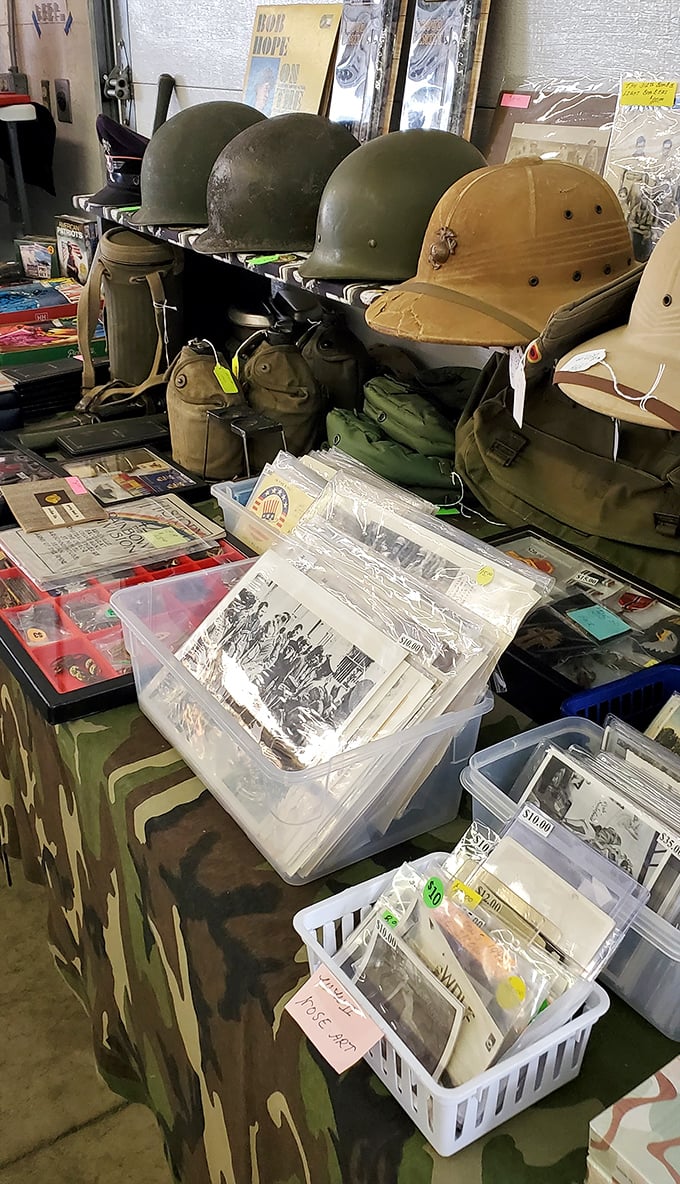 History buffs rejoice! Military memorabilia tells silent stories of service and sacrifice, each helmet once protecting someone's American dream.