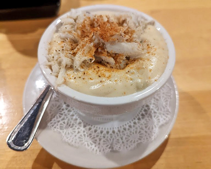 Maryland in a cup: creamy crab soup sprinkled with Old Bay tells you you're in Chesapeake country without saying a word.