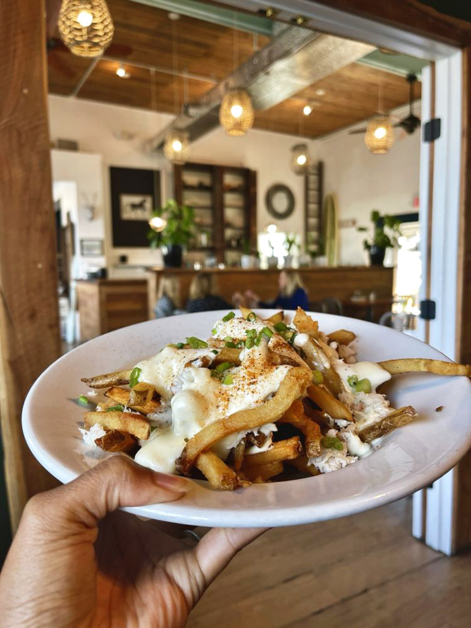 Fries elevated to art form: crispy potatoes topped with what appears to be crab and cheese, making regular fries look like they're not even trying.