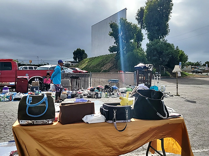 Vendors set up shop under California sunshine, creating an outdoor mall experience with personality and character.