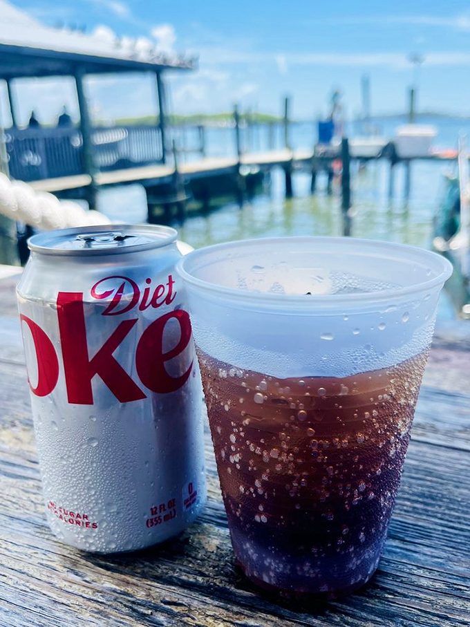 Nothing pairs with dockside dining quite like a cold soda. The condensation on the cup is Florida's version of mood lighting.