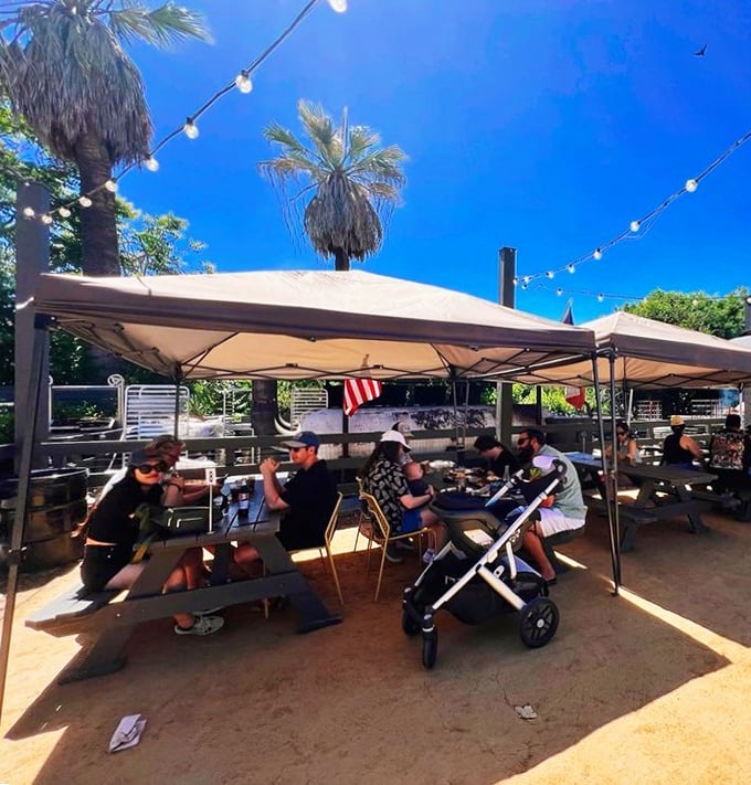 The outdoor dining area: where strangers become friends united by the universal language of "mmmmm."