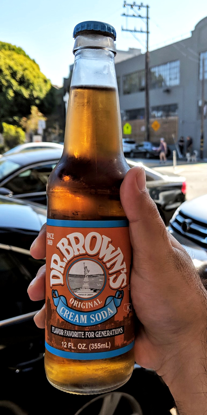 Dr. Brown's cream soda – the unofficial beverage of serious sandwich enthusiasts everywhere. Liquid nostalgia in a bottle.