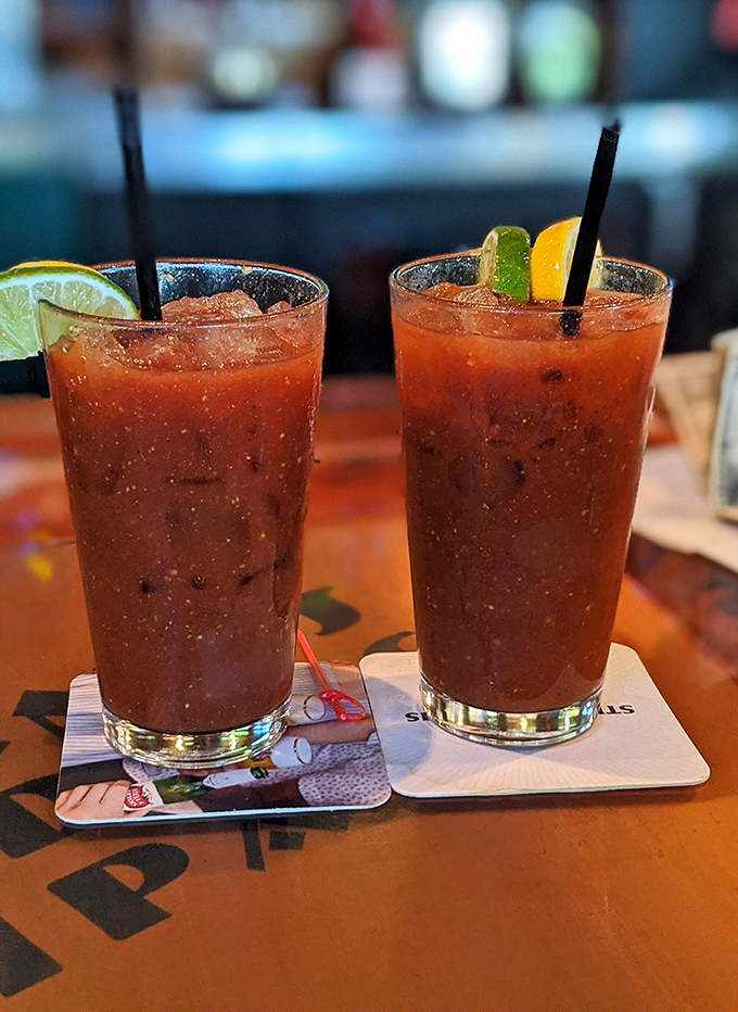 Bloody Marys that double as a meal. These generously garnished cocktails might require a snorkel just to reach the bottom of the glass.