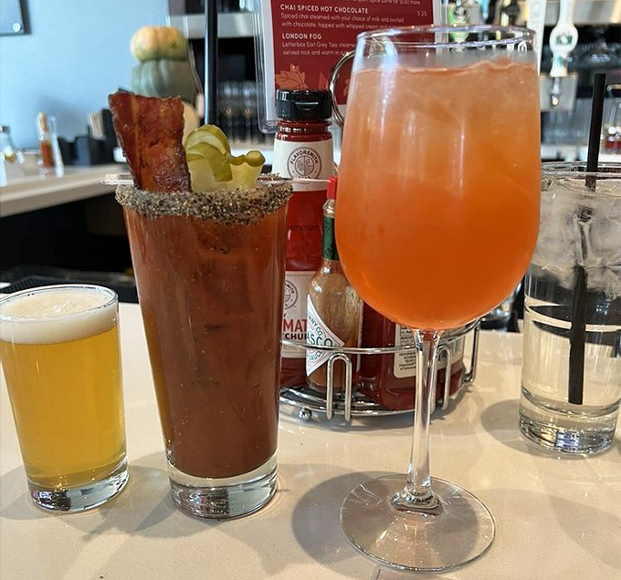 The holy trinity of brunch libations. That Bloody Mary isn't just garnished – it's practically wearing accessories.