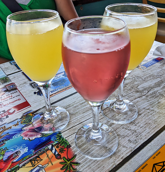 Three glasses of liquid sunshine that say "vacation" more clearly than your out-of-office email. The ros&eacute; in the middle is playing peacekeeper.