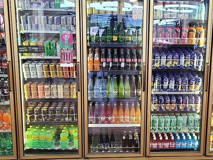 The drink coolers stand like colorful sentinels, guarding refreshments for the post-burrito thirst that inevitably follows.