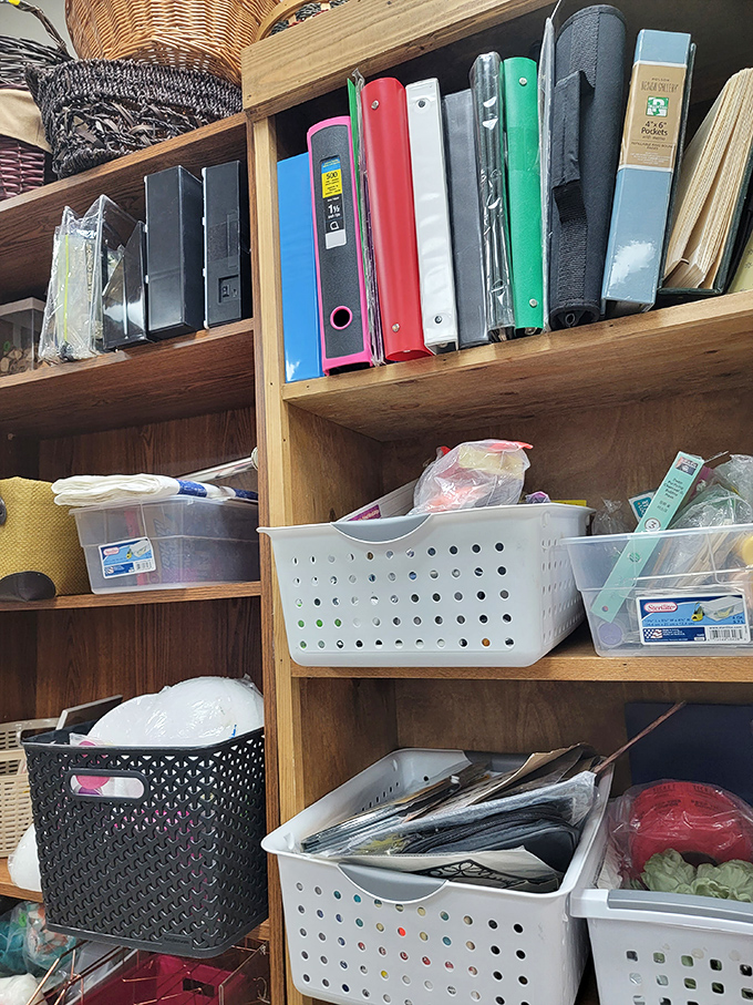 Office supplies and craft materials find second lives here, proving that organization can be both economical and environmentally friendly.