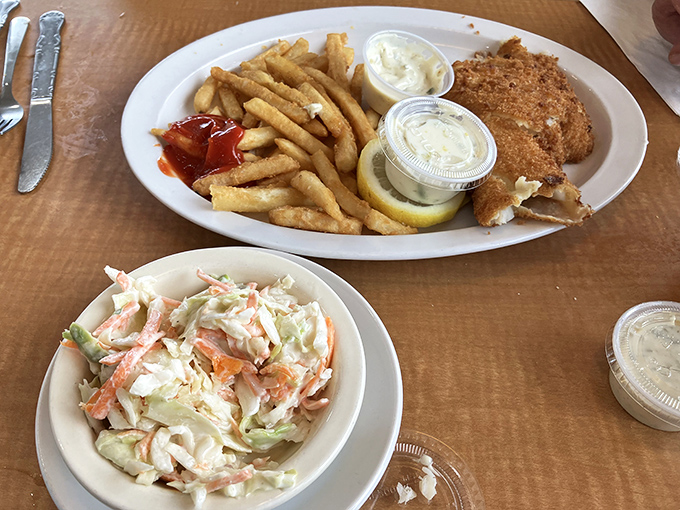 Crispy, golden fish with a mountain of fries that would make Neptune himself swim to Pennsylvania. Cole slaw adds the perfect freshness.
