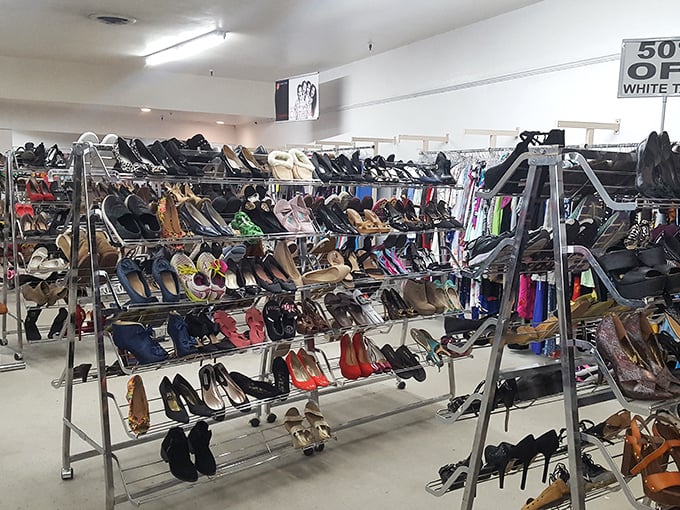 Shoe paradise stretches as far as the eye can see. From practical flats to party-ready heels, your next favorite footwear is hiding somewhere in these racks.