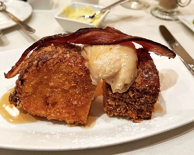 This isn't just French toast &ndash; it's a golden-crusted masterpiece topped with caramelized indulgence that makes ordinary breakfast seem like a missed opportunity.