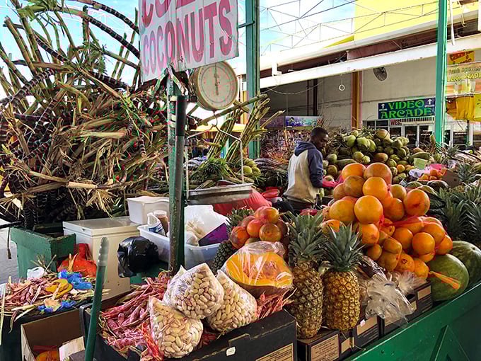 Nature's candy store! These tropical fruits didn't travel far to reach your shopping bag, and that pineapple is practically begging to become tomorrow's breakfast. 