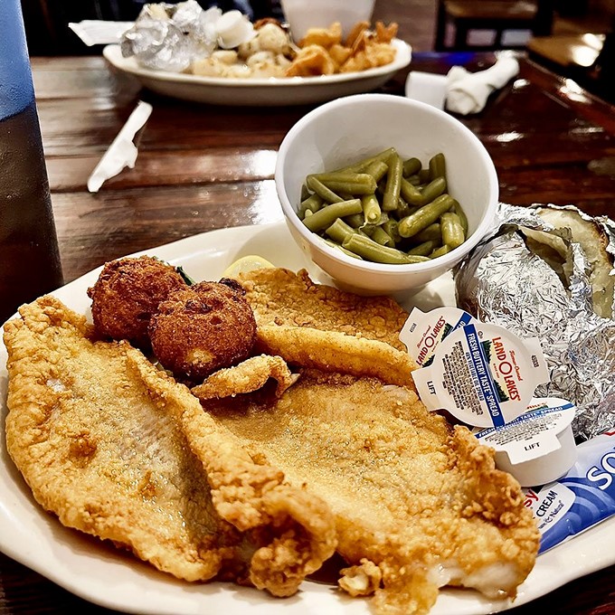Simple pleasures done right&mdash;fried fish with green beans and those famous hush puppies. Sometimes the classics become classics for good reason.