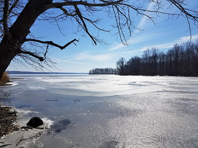 Winter's magic touch transforms Pymatuning into a crystalline wonderland. The frozen lake sparkles like nature's own disco ball under the winter sun.