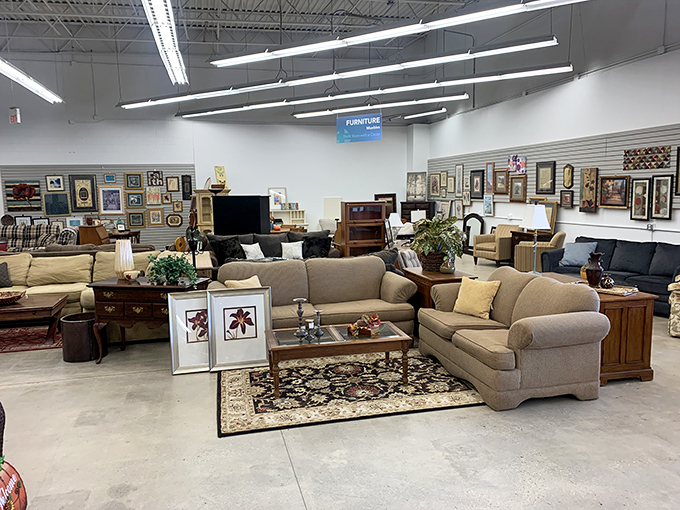 Furniture displays create cozy living room scenes that help you envision that neutral sofa in your own home.