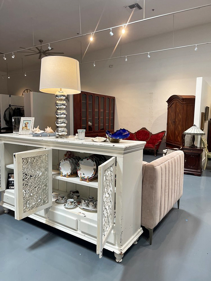 Elegant furniture vignettes that whisper "imagine me in your living room." That crystal lamp could illuminate your next dinner party with vintage glamour.