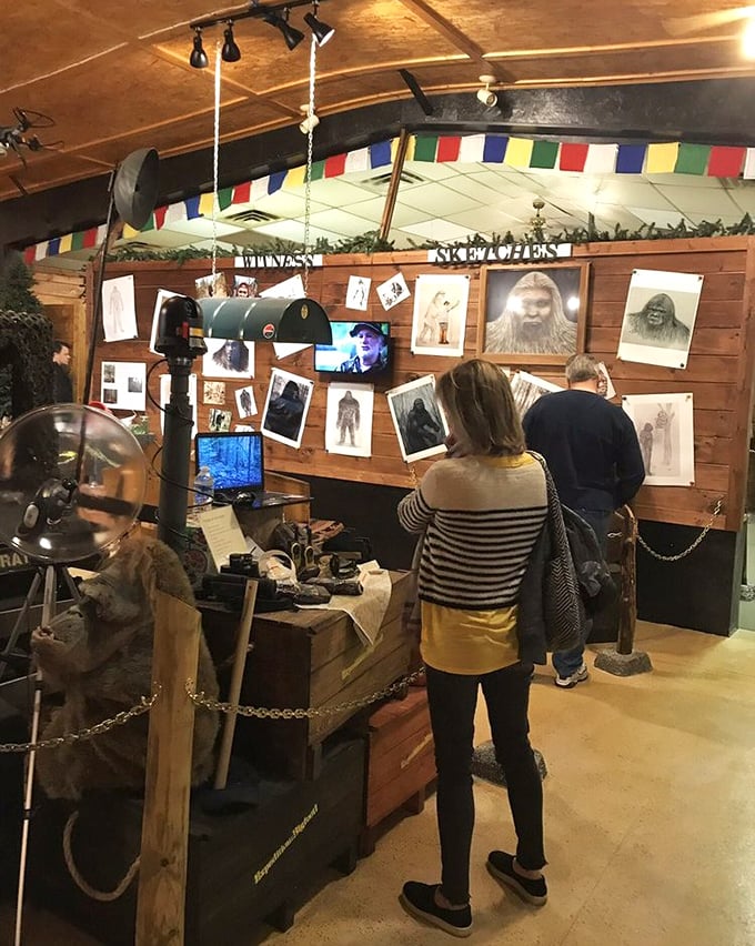 The research station features an impressive wall of alleged Bigfoot sightings and evidence. Like a vision board for cryptozoologists with tenure.