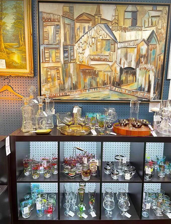 Behind this glass display lies a liquid history lesson &ndash; each vintage tumbler and goblet has probably witnessed more interesting dinner conversations than we ever will.