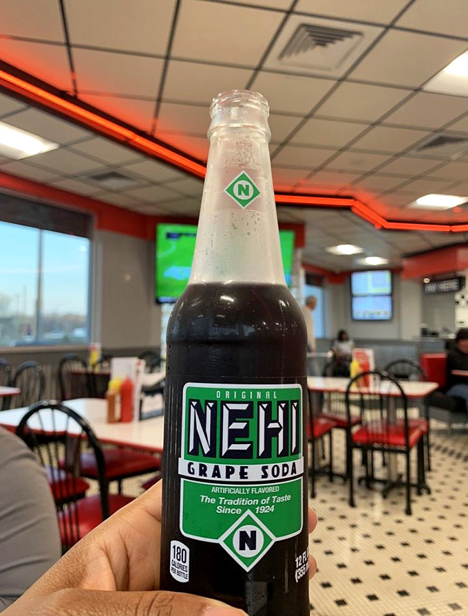 Nothing says authentic diner experience quite like an ice-cold Nehi grape soda in its classic glass bottle glory.