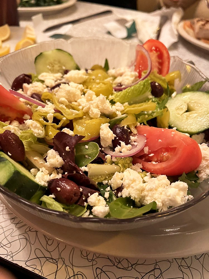 A Greek salad bursting with color and freshness&mdash;proof that sometimes the simplest combinations create the most spectacular results, like The Beatles or peanut butter and jelly.