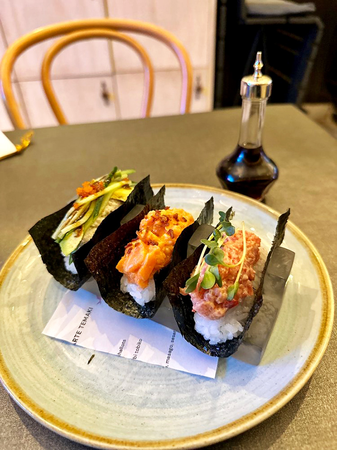 Handrolls that look like they graduated from sushi university with honors. That nori wrapper is just formal attire for the party inside.