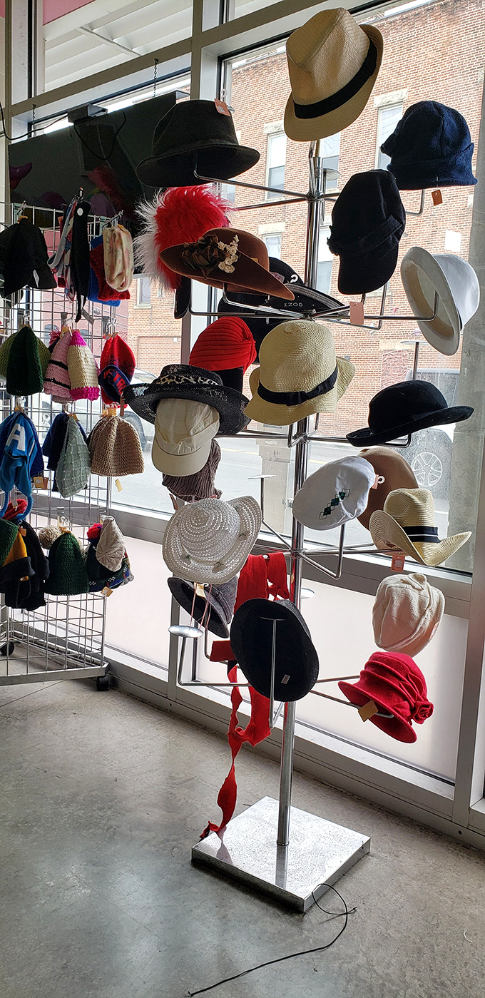Hat's entertainment! This spinning display of headwear offers protection from sun, style for any occasion, and instant personality upgrades.