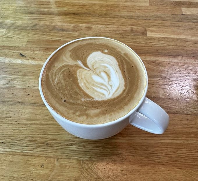 Coffee art so pretty you almost don't want to drink it. Almost. This hazelnut latte provides the liquid courage to order seconds.