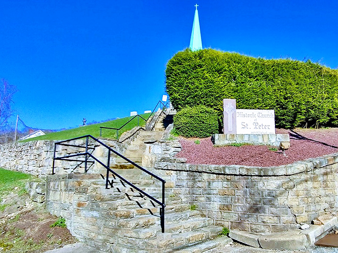 St. Peter's Church climbs skyward, its stone steps and manicured hedges creating a peaceful sanctuary above the bustle of town.