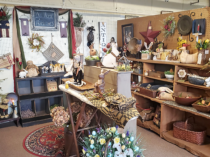 The "At Heart Primitives" booth showcases rustic Americana with artful simplicity – proof that yesterday's everyday items become today's sought-after decor.