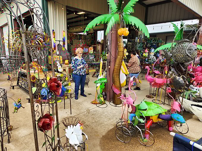 Flamingos, palm trees, and metal roosters &ndash; oh my! This garden art vendor proves everything really is bigger in Texas, including yard decorations.