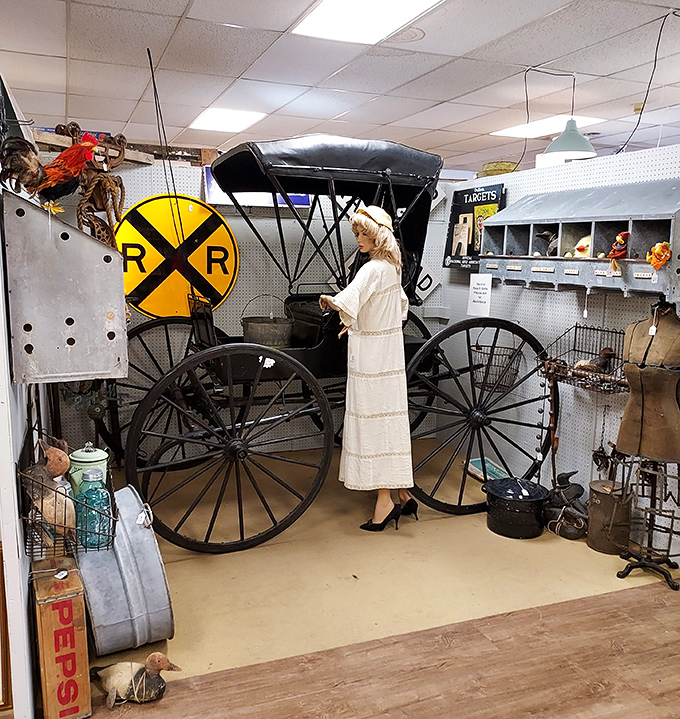 Not your average Uber! This horse-drawn carriage takes "vintage transportation" to new levels, complete with period-dressed mannequin driver.