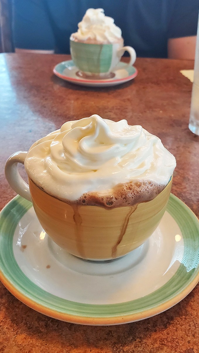 Hot chocolate that doesn't just arrive but makes an entrance, wearing a cloud-like whipped cream hat that deserves its own Instagram account.