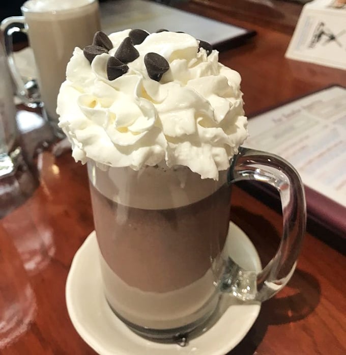 Hot chocolate that's dressed for a special occasion, topped with a cloud of whipped cream and chocolate chips. Liquid dessert at its finest.