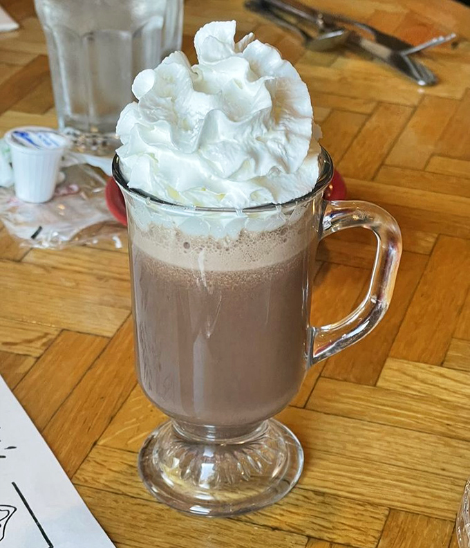 Hot chocolate that deserves its own postcard. This towering whipped cream masterpiece is what Swiss miss dreams about at night.