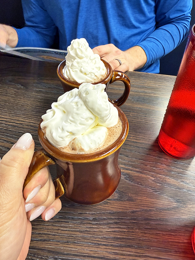 Hot chocolate that doesn't just warm your hands but hugs your soul. That whipped cream mountain deserves its own topographical map.