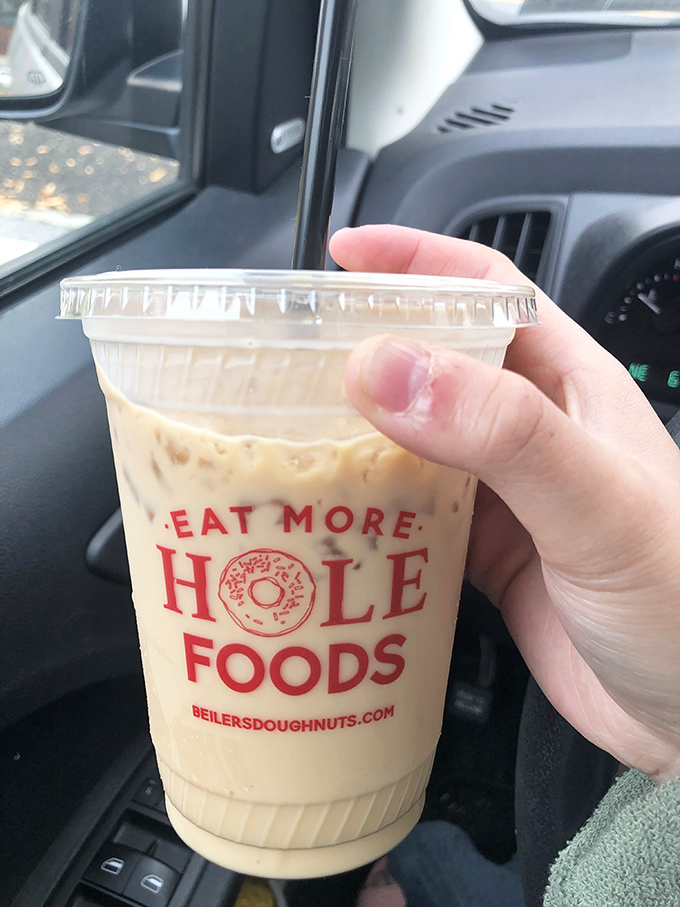 "Eat More Hole Foods" proclaims the cup of liquid motivation that fuels donut adventures across Lancaster County.