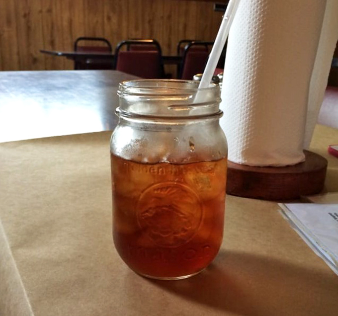 Sweet tea served in a mason jar—because in a place this authentic, anything fancier would just feel wrong.