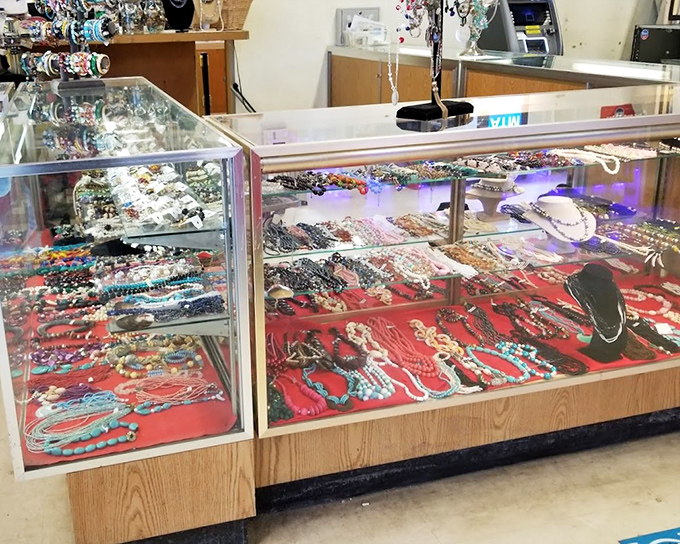 Jewelry cases glimmer with possibilities&mdash;costume pieces and occasional hidden gems await the discerning eye behind glass.
