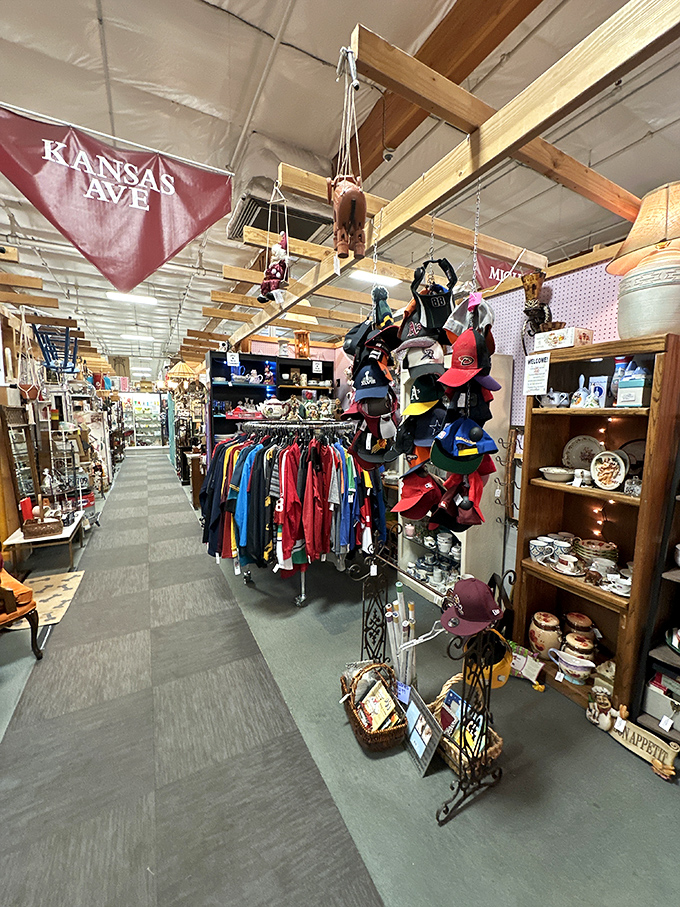 Under Kansas Avenue's burgundy banner, vintage clothing and nostalgic knickknacks create a tactile timeline of American domestic life.