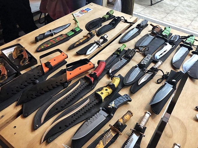 For collectors and outdoor enthusiasts alike, this display of blades represents both practical tools and conversation pieces for the wall.