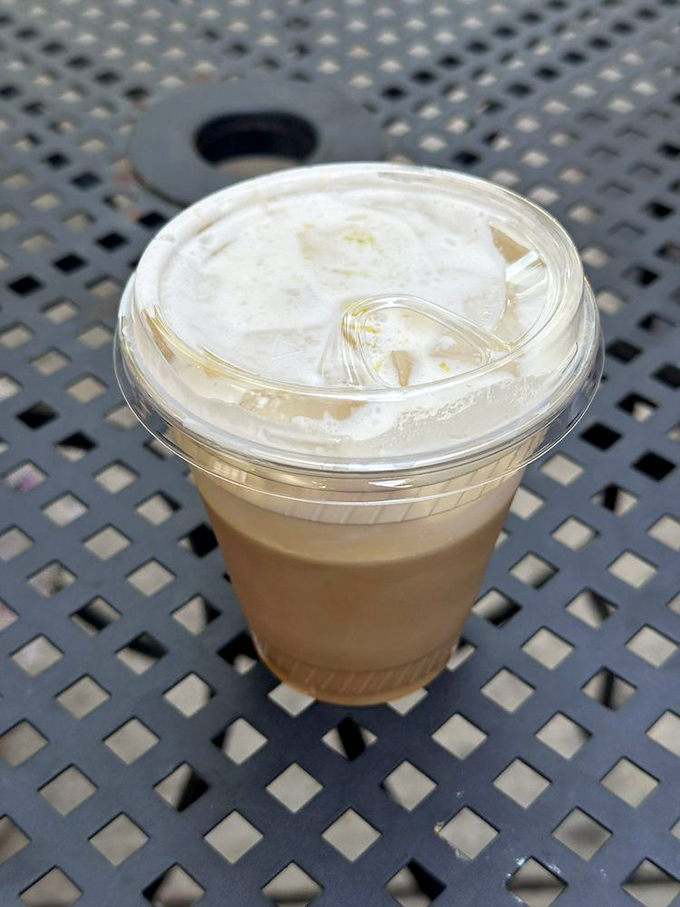 Iced coffee on a Florida sidewalk &ndash; nature's air conditioning in a cup with a sprig of mint for good measure.