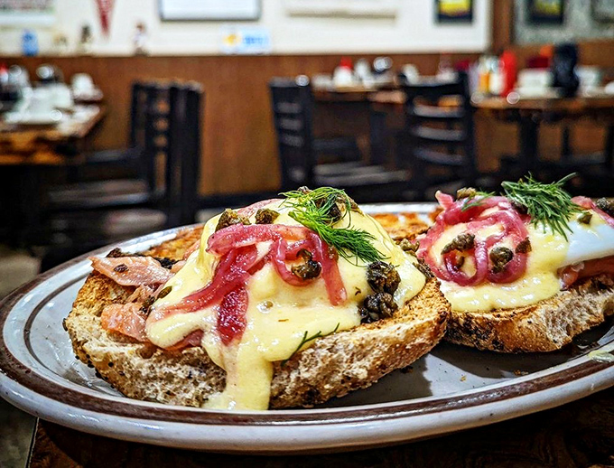 Smoked salmon meets bagel perfection in this elevated Benedict that would make any New York deli weep tears.