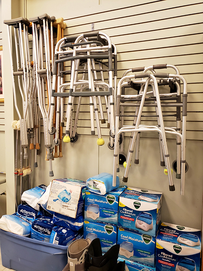 Medical equipment section offers practical solutions for temporary needs&mdash;why buy new when gently used works just as well?
