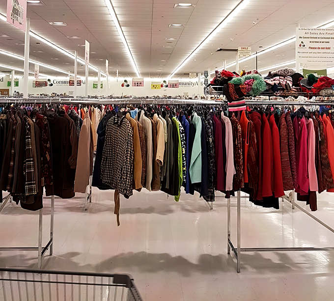 The men's clothing section offers everything from weekend casual to business attire. Those blazers have stories to tell.