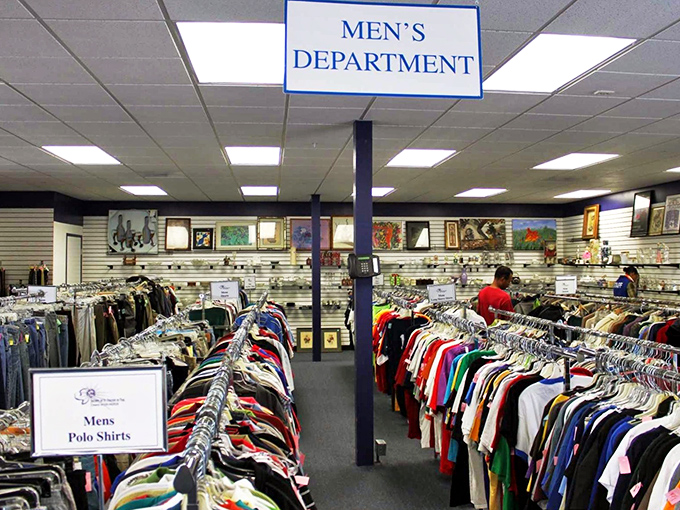 The men's department: where yesterday's impulse purchases become tomorrow's vintage finds. That Hawaiian shirt is practically begging for its second act.