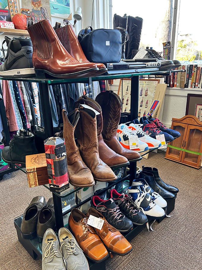 Cowboy boots rub shoulders with dress shoes and sneakers in this footwear United Nations. Someone's perfect pair is just waiting to be discovered.