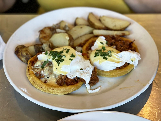The Mexican Benedict replaces English muffins with sopas, proving that breakfast innovation is alive and well in the Southwest.
