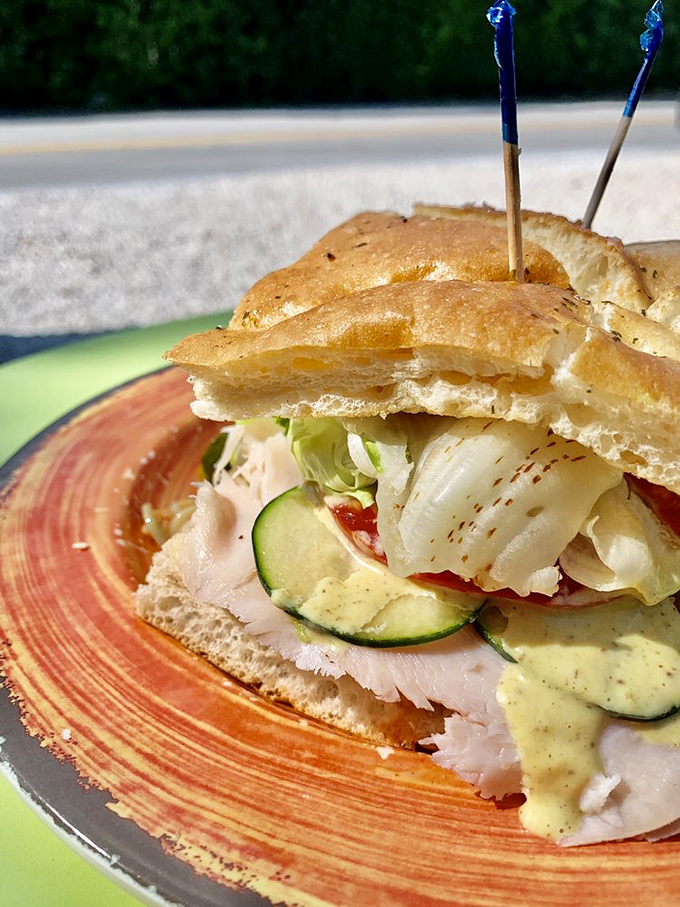 Not just a sandwich, but a work of edible art. Turkey, veggies, and what appears to be a sauce worth writing home about.