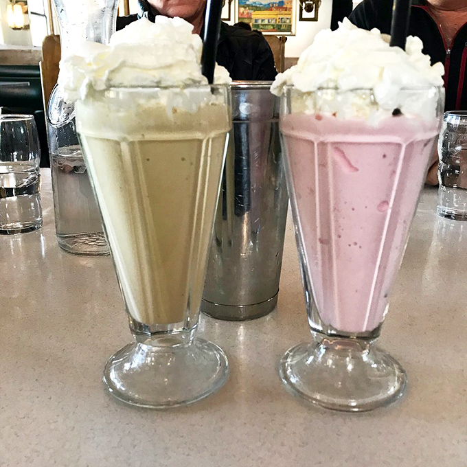 Milkshakes so thick they're practically standing at attention. One vanilla, one strawberry, both requiring the commitment of both a straw and spoon.