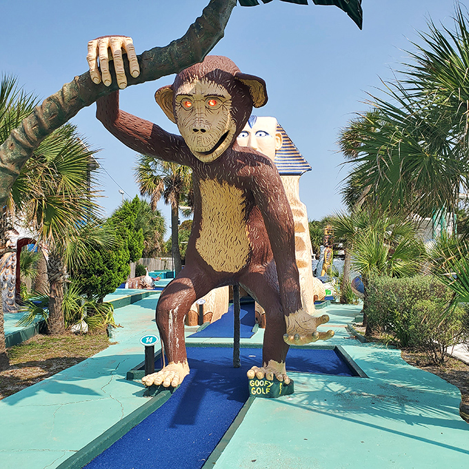 This cheeky monkey has been hanging around for decades, watching generations of families create memories one putt at a time.